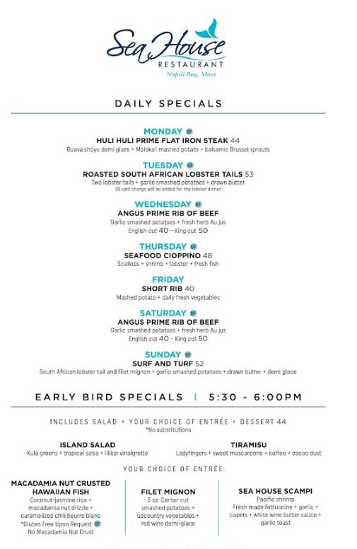 Sea House Restaurant Menu | Pacific Rim Cuisine & Beachside Dining in Maui